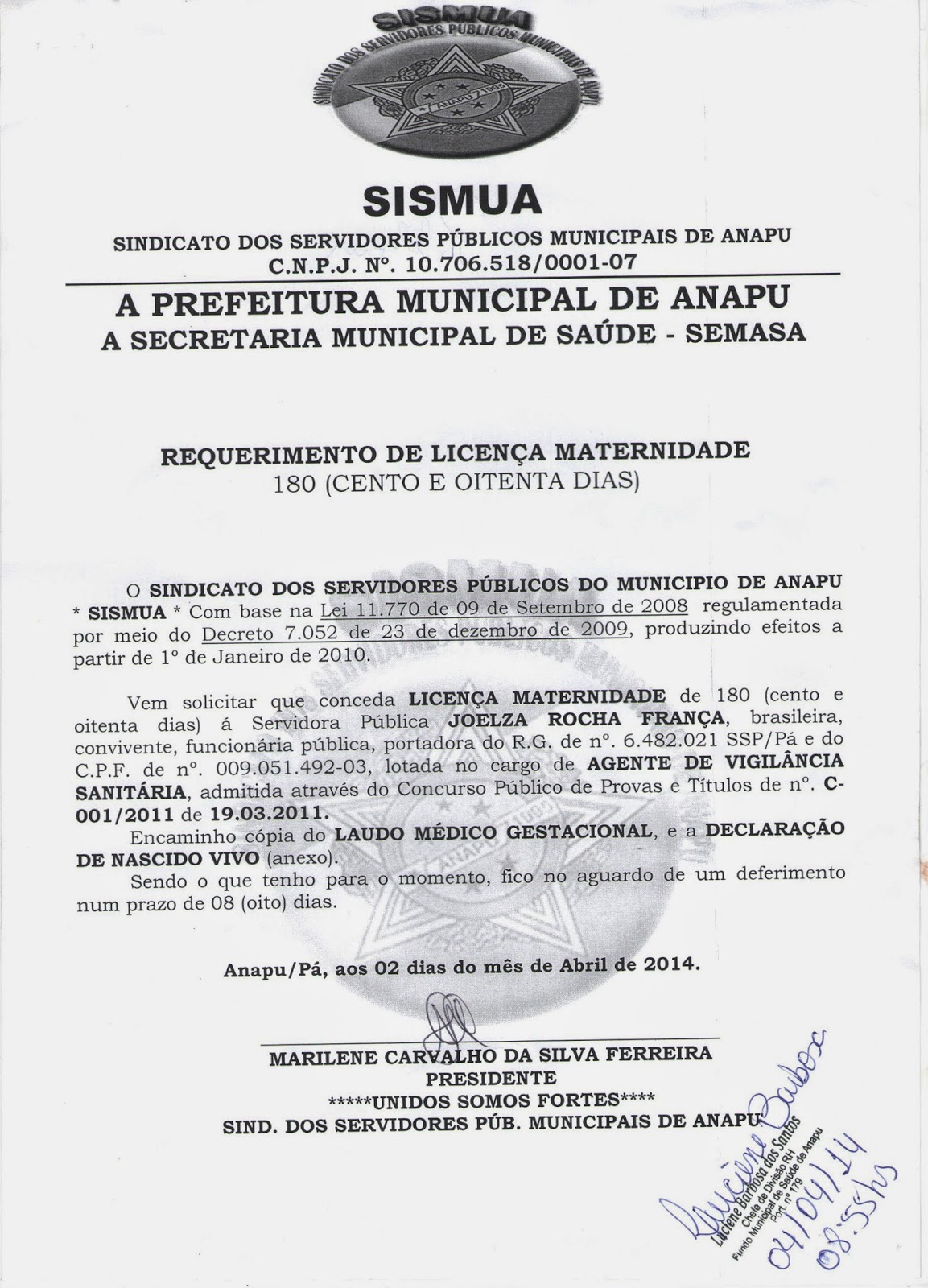Requerimento De LicenÇa Maternidade ~ Sismua